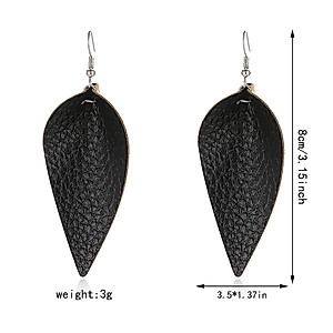 CHUNYANAN Boho Elegant Lightweight Black Genuine Real Leather Geometric Dangle Drop Earrings for Women Petal Leaf Feather Teardrop Earrings Jewelry Gift (Black Genuine Real Leather)