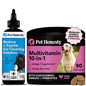 Pet Honesty Restore + Soothe Ear Cleaner for Dogs & Cats (Aloe Vera) 4oz + Multivitamin Dog Supplement with Glucosamine, Probiotics, Omega Fish Oil for Skin and Coat Allergies (Chicken 90 ct)
