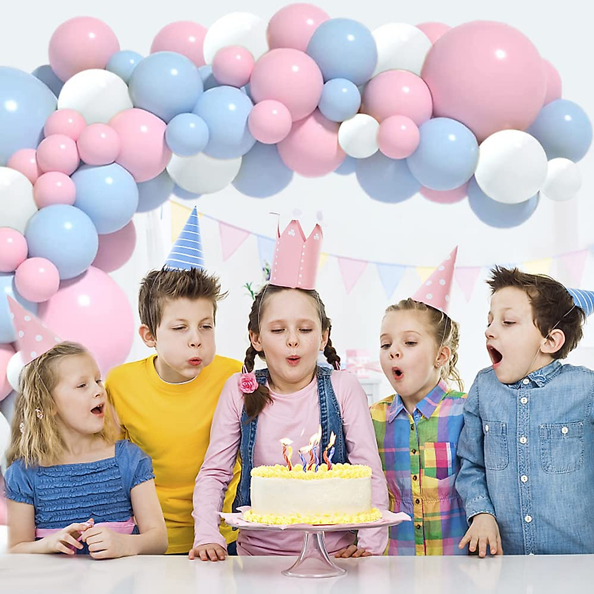 Gender Reveal Balloon Arch Kit 124 Pcs Pink and Blue and White Balloons Garland Kit for Boys Girls Gender Reveal Decorations Wedding Baby Shower Birthday Party Decorations, 5+10+12+18 inch