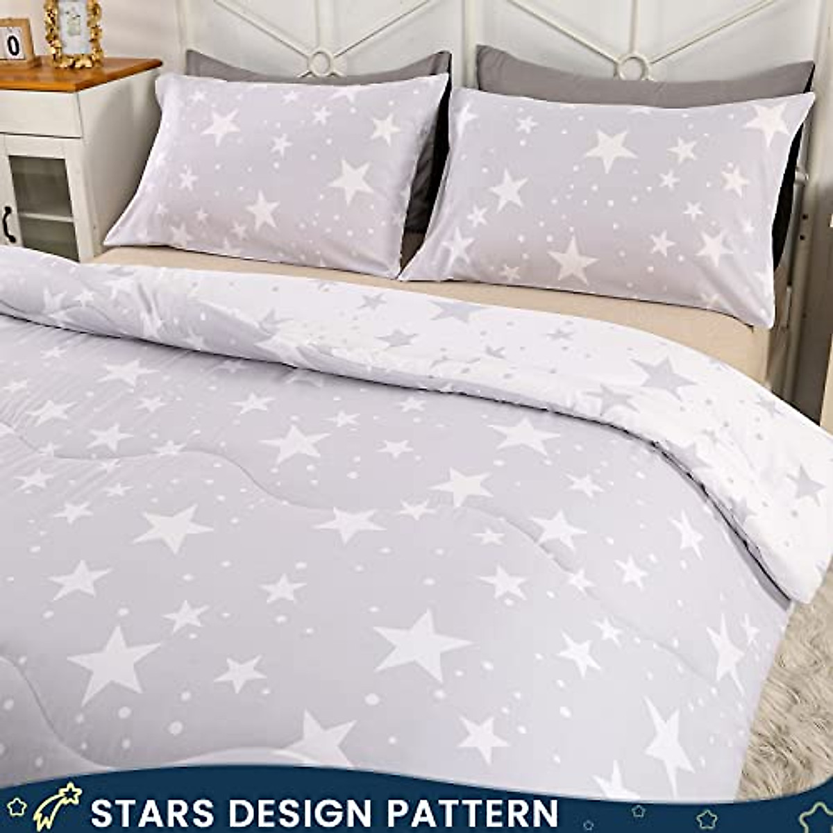 Qucover Star Comforter Set Full Size, 3-Piece Reversible Grey & White Star Pattern Bedding Comforter Set for Boys, Girls, Teen, Super Soft Warm Winter Thick Comforter with 2 Pillowcase, 79x90 in