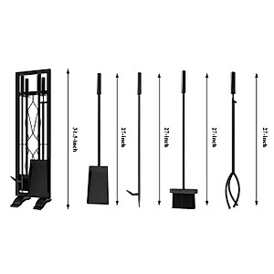 Fire Beauty Fireplace Tools Set 5 Pieces Fireside Accessories Fire Kit Stand Woodstove Tools Holder Wrought Iron Handle Indoor Fireset Stand