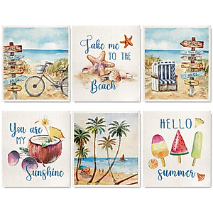 AnyDesign Summer Beach Swedish Kitchen Dishcloth Starfish Coconut Cotton Kitchen Towel You are My Sunshine Beach Life Absorbent Dish Towel for Housewarming Cleaning Wipes, 6Pcs, 7 x 8 Inch
