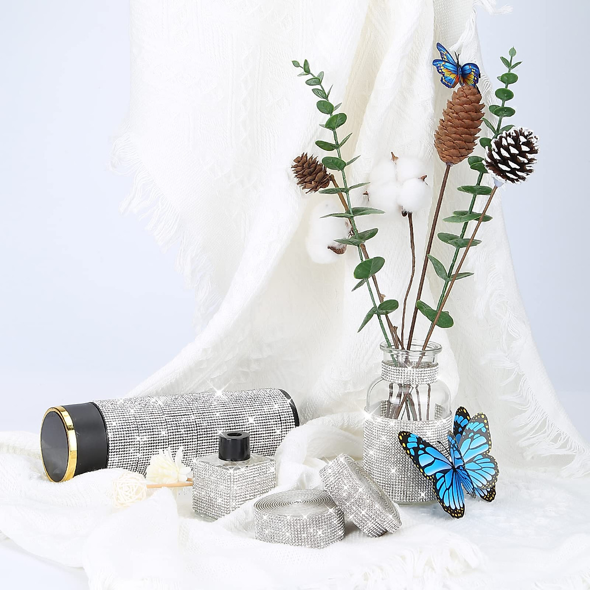 3 Rolls 6.6 Yards Self-Adhesive Crystal Rhinestone Diamond Ribbon - DIY Diamond Ribbon Stickers with 2 mm Rhinestones for Arts Crafts ,Bling Silver Ribbon Rolls for Phone,Car Decoration(Silver)