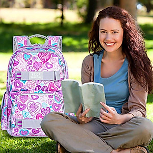 FTJCF Laptop Backpack, 16 Inch School Bag College Bookbag, Anti Theft Daypack Bags and Lunch Bag Set, Water Resistant Love Backpacks for Teens Girls Women Students (PinkGrey)