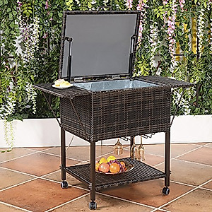 Casart Portable Rattan Cooler Cart, 108 Quart Outdoor Cooling Trolley for Patio & Pool Party, Ice Chest Portable Rolling Patio Cooler