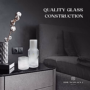 Bruno Magli Ribbed Carafe | 2-Pc Set | Drinking Glass Tumbler Doubles as a Lid | Elegant Nightstand Water Pitcher with Matching Cup for Office, Home, & Guest Room Décor | Gift Boxed (Clear)