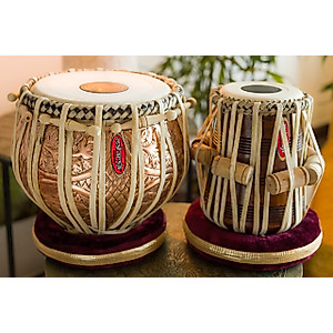 Tabla Drum Set by Maharaja Musicals, Professional, 3.5 Kg Copper Bayan - Designer Carving, Sheesham Tabla Dayan, Padded Bag, Hammer, Cushions, Cover, Tabla Musical Instrument (PDI-CJH)