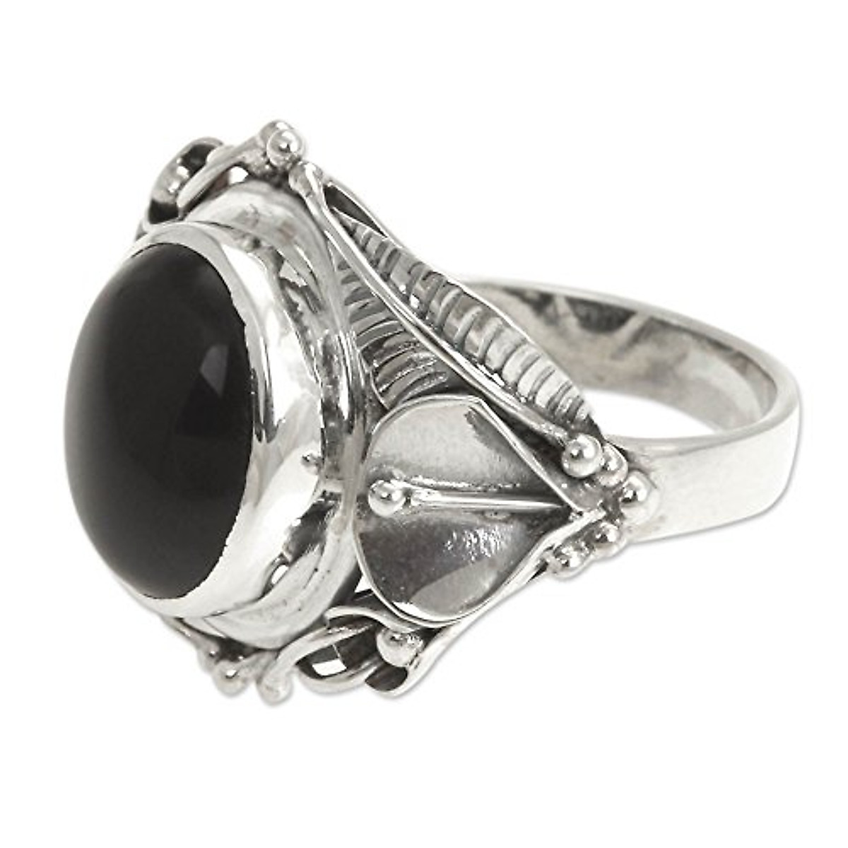 NOVICA Artisan Handmade Onyx Flower Ring Women's Floral Sterling Silver Cocktail Black Indonesia Birthstone [crownbezel 0.7 in H x 0.3 in W x 0.3 in D Band Width 0.1 in W] ' Nest of Lilies'