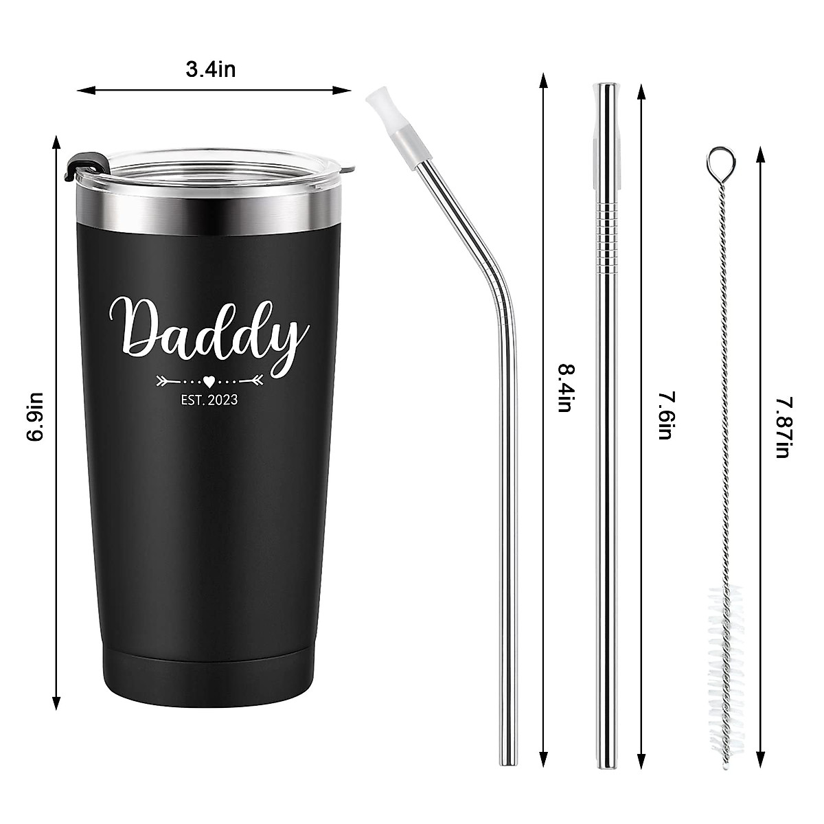 Daddy and Mommy Est 2023 Travel Tumbler, New Parents Insulated Tumblers 20Oz, Mom Dad Gift for Mother's Day, Father's Day, Christmas, New Pregnancy, Birthday, Baby Shower (Black White)
