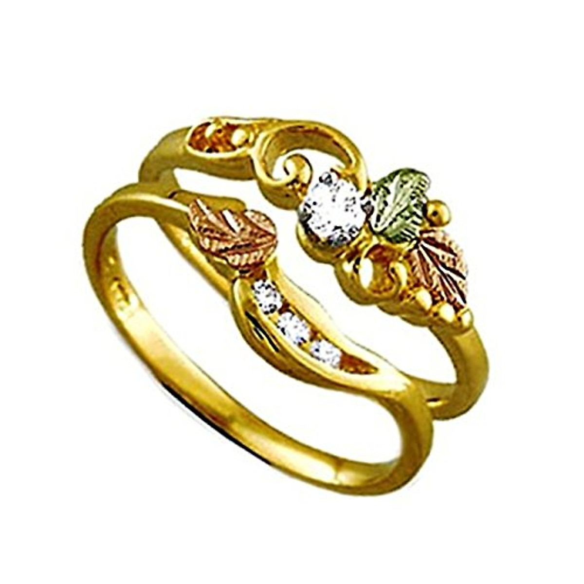 Diamond Bridal Set Engagement and Wedding Ring, 14k Yellow Gold, 12k Green and Rose Gold Black Hills Gold Motif, Size 8
