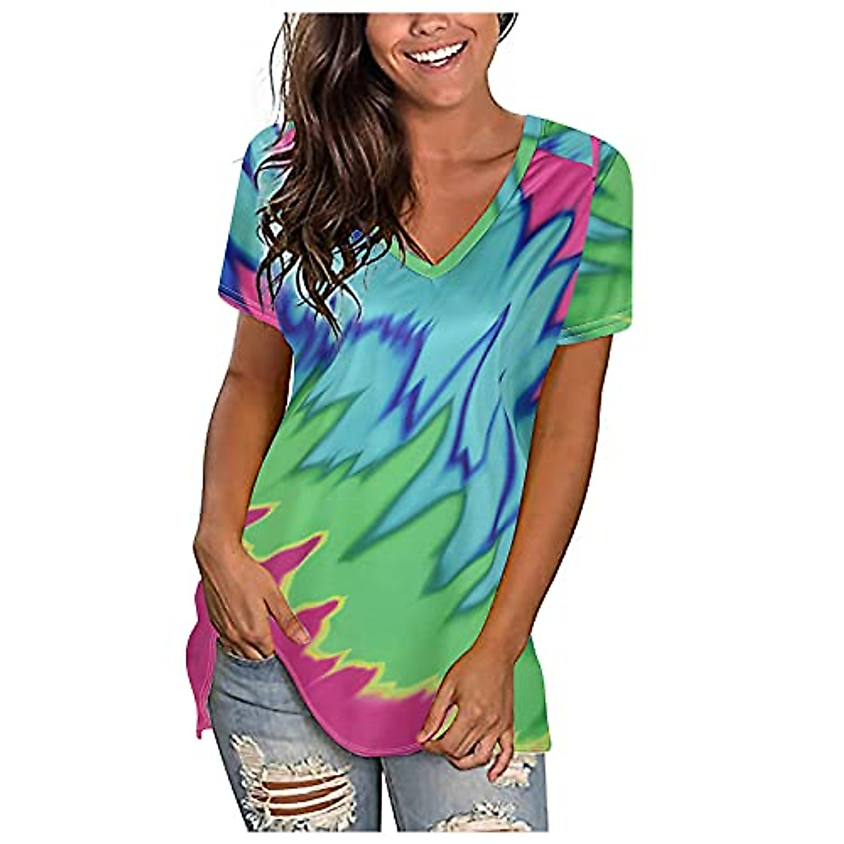 Bravetoshop Womens Summer V Neck T Shirts Gradient Short Sleeve Causal Loose Fit Tee Tops (Light Blue,XL)