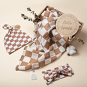 Miaoberry 100% Organic Muslin Swaddle Set| Checkered in Coffee Latte with Matching Hat/Headband