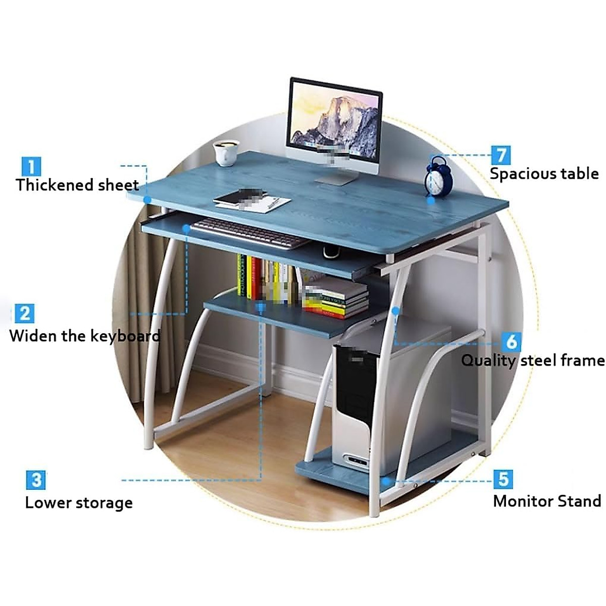 ZUMAHA Home Office Computer Desk with Pullout Keyboard Tray Monitor Stand PC Study Desk Lower Shelf Modern Gaming Desk