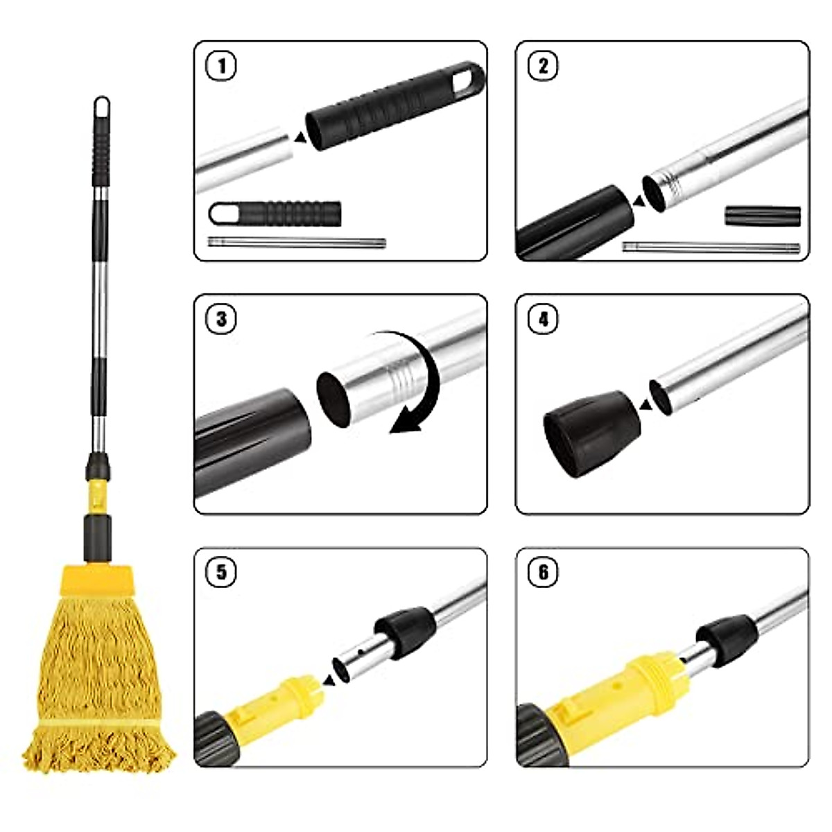 AKOLAFE Industrial Mop 3-Section Commercial Mop with 2Pcs Looped-End Mop Heads Floor Mop with Detachable Handle Clamp Cotton String Mops for Floor Cleaning Hardwood Marble Tile Laminate (Blue&Yellow)