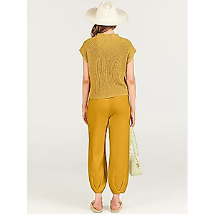 ANRABESS Women's Two Piece Outfits Knit Sweater Vest Crop Top Pants Lounge Matching Tracksuit Sweatsuit Travel Clothes Sets Yellow Large