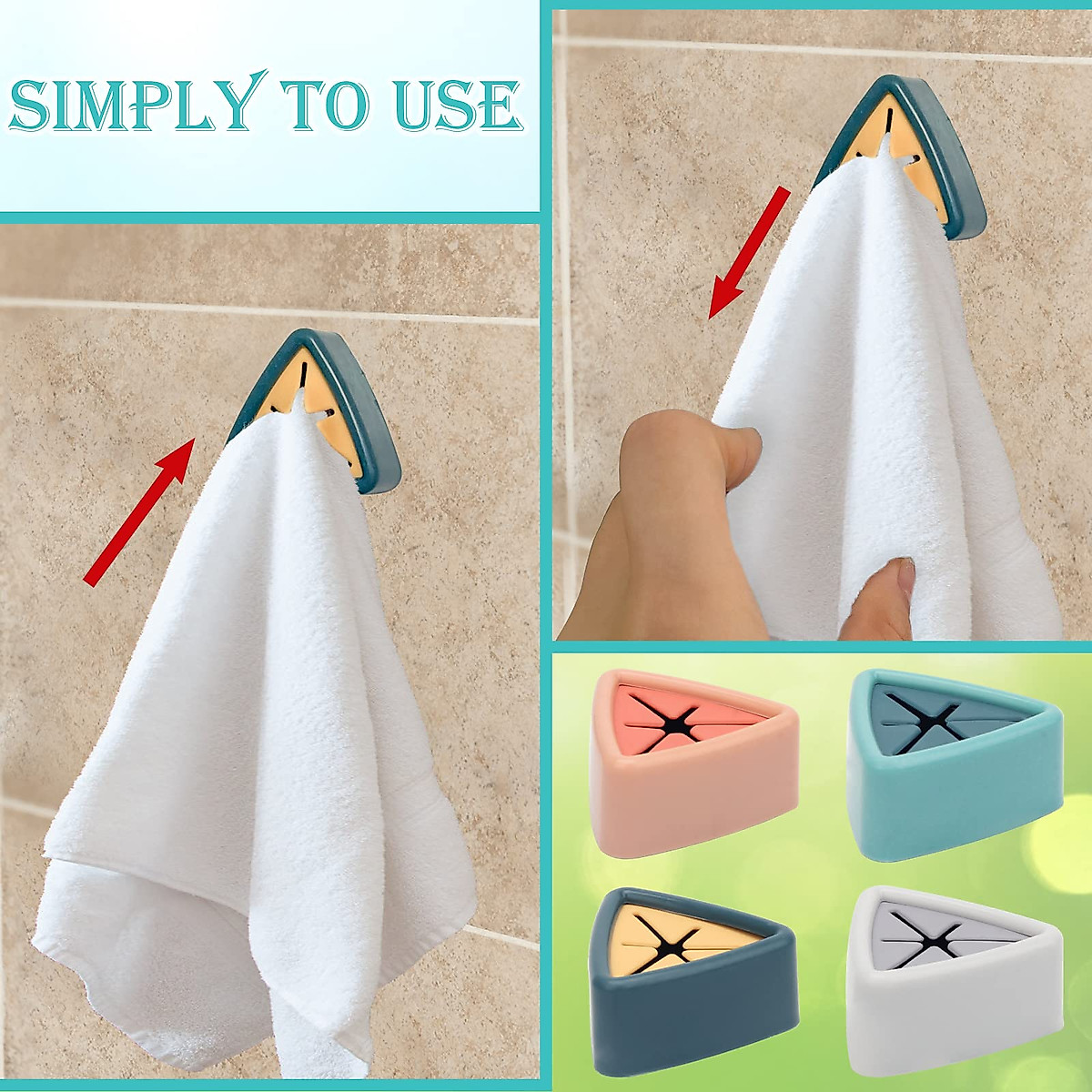 4Pcs Towel Hook Holder Grabber, Pletpet Drill Free Self Adhesive Push Hooks Firmly, Colorful Dish Towel Holders for Kitchen Bathroom Towel Organization