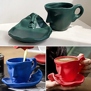 BETYMAO Romantic Ceramic Face Coffee Cup Saucer Set Coffee Mug with Plate and Spoon Espresso Cup Saucer Cappuccino Mug with Saucer Tea Cup Saucer for Dining Table Decoration Blue