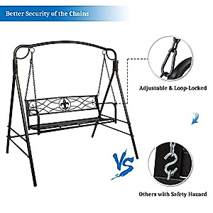 VINGLI Upgraded Metal Patio Porch Swing with A-Frame Stand, Powder Coated Steel Swing Seat Bench and Frame with Extra Side Bars, Heavy Duty 660 LBS Hanging Swing Set for Outdoor (Black)