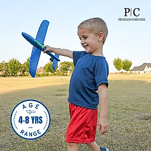 Toy Airplane Launcher - Outdoor Games - 4 Pack 17.5 Foam Glider Planes + 2 Launchers + 4 Sets of Stickers - LED Lights - Throwing Toys for Kids - Red & Blue Flying Toys – 4 5 6 7 8 Year Old Boys Girls