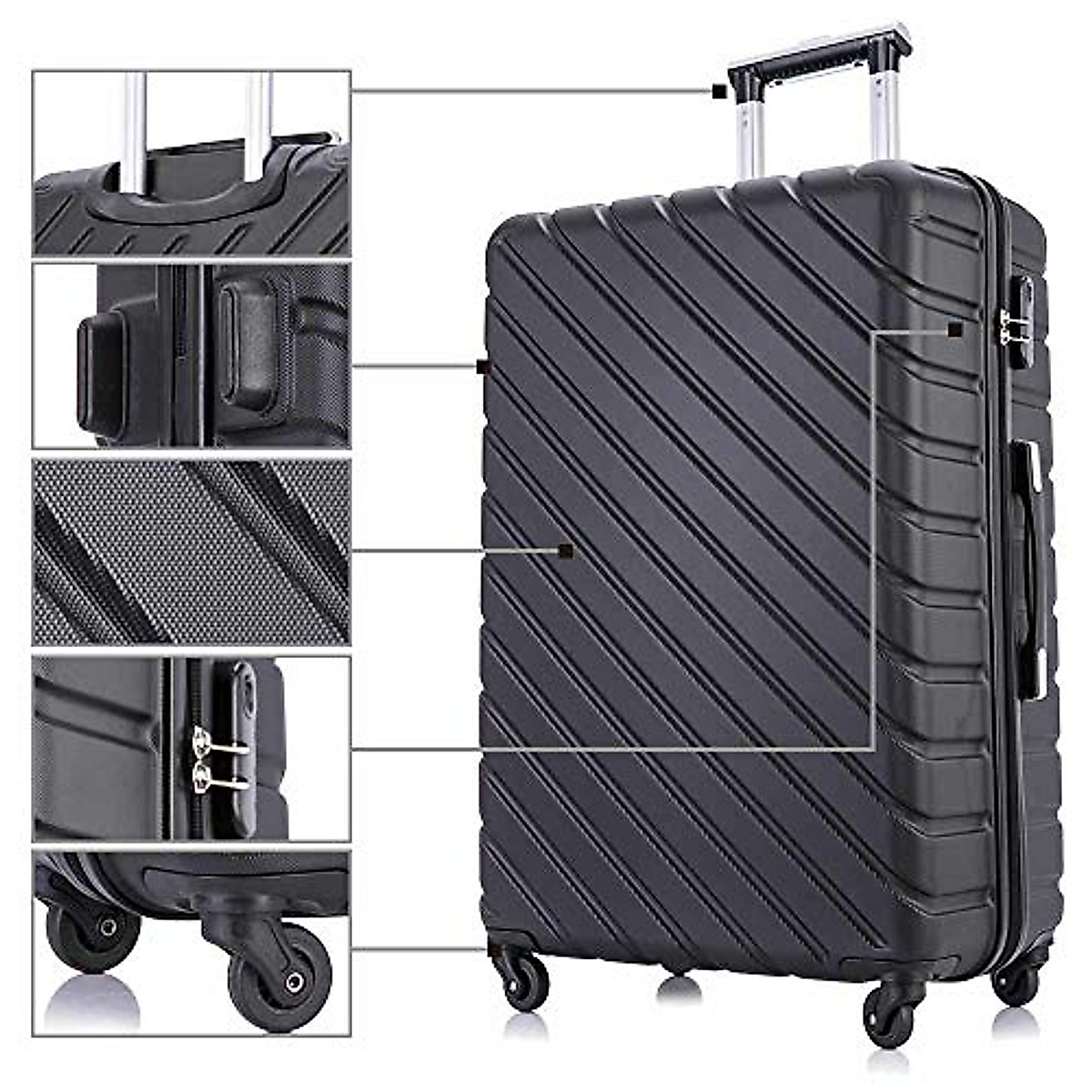 Apelila 4 Piece Hardshell Luggage Sets, Black Travel Suitcase, Check in & Carry On Luggages with Spinner Wheels Free Cover& Hangers Inside 18" 20" 24" 28"