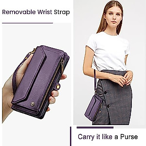 CaseMe Crossbody iPhone 13 Pro Max Phone Case Wallet RFID Protection with 10-Card Holder Zipper Bills Slot, Soft PU Leather Magnetic Flip Shoulder Strap iPhone 13 Pro Max Wallet Case for Women, Purple