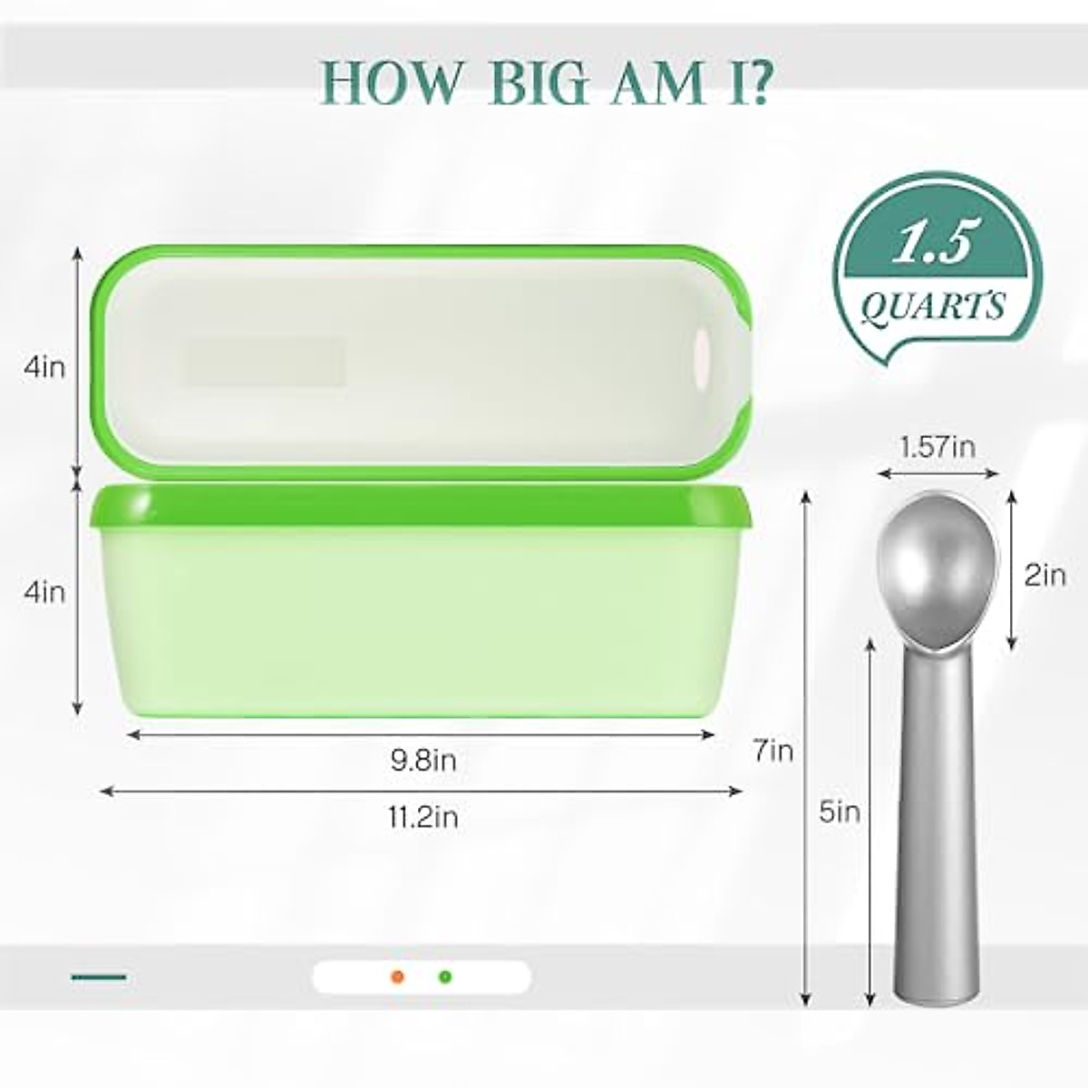 2 Pcs Reusable Ice Cream Containers with Lids and a Scoop 1.5 Quarts Plastic Rectangle Dessert Storage Tubs Homemade Ice Cream Storage Containers for Freezer Kitchen Refrigerator (Orange,Green)