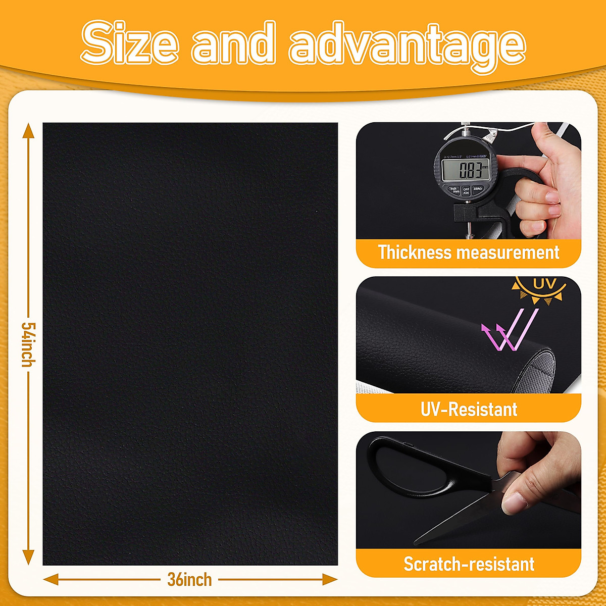 ZAIONE Marine Vinyl Upholstery Leather: Black Faux Leather by The Yard 54"x36" Thick Marine Grade Vinyl Leather for Upholstery Boat Car Sofa Outdoor