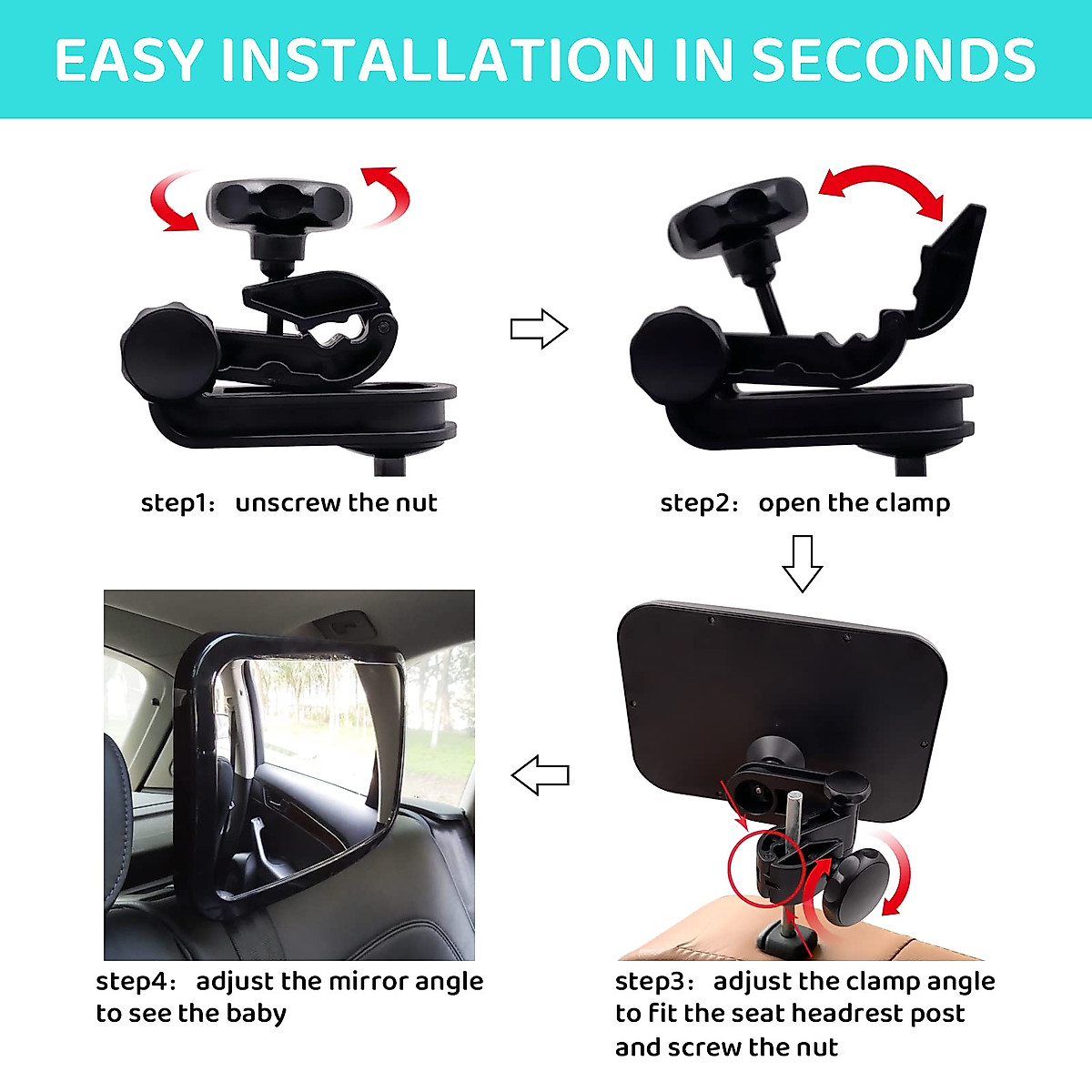 KINSEI Baby Car Mirror Safety Car Seat Mirror for Rear Facing Infant with Wide Crystal Clear View Shatterproof Fully Assembled Newborn Safety with Secure Headrest Clamp Holder
