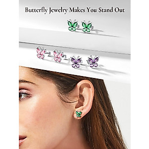 Women Sterling Silver Animal Stud Created Gemstone Sapphire Blue Butterfly Stud Earrings