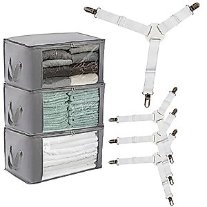 Gorilla Grip Large Clothes Storage Bag Organizer 3 Pack and Nonslip Bed Sheet Straps 4 Pack, Storage Bag Size 90L in Gray, Reinforced Handles, Sheet Straps in White, Easy Install, 2 Item Bundle