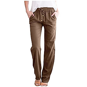 HRSTUYL Womens Linen Pants Summer Pants for Women 2023 Capri Yoga Pants with Pockets Women Casual Cotton and Linen Solid Drawstring Elastic Waist Long Straight(Brown-1,M)