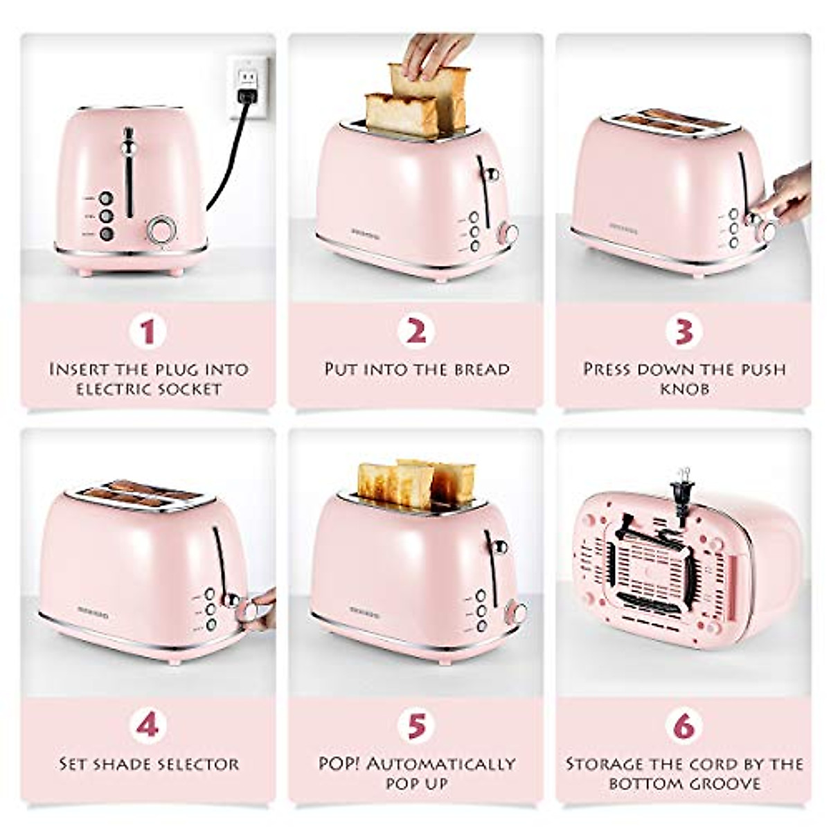 REDMOND 2 Slice Toaster Retro Stainless Steel Toaster with Bagel, Cancel, Defrost Function and 6 Bread Shade Settings Bread Toaster, Extra Wide Slot and Removable Crumb Tray, Pink, ST028