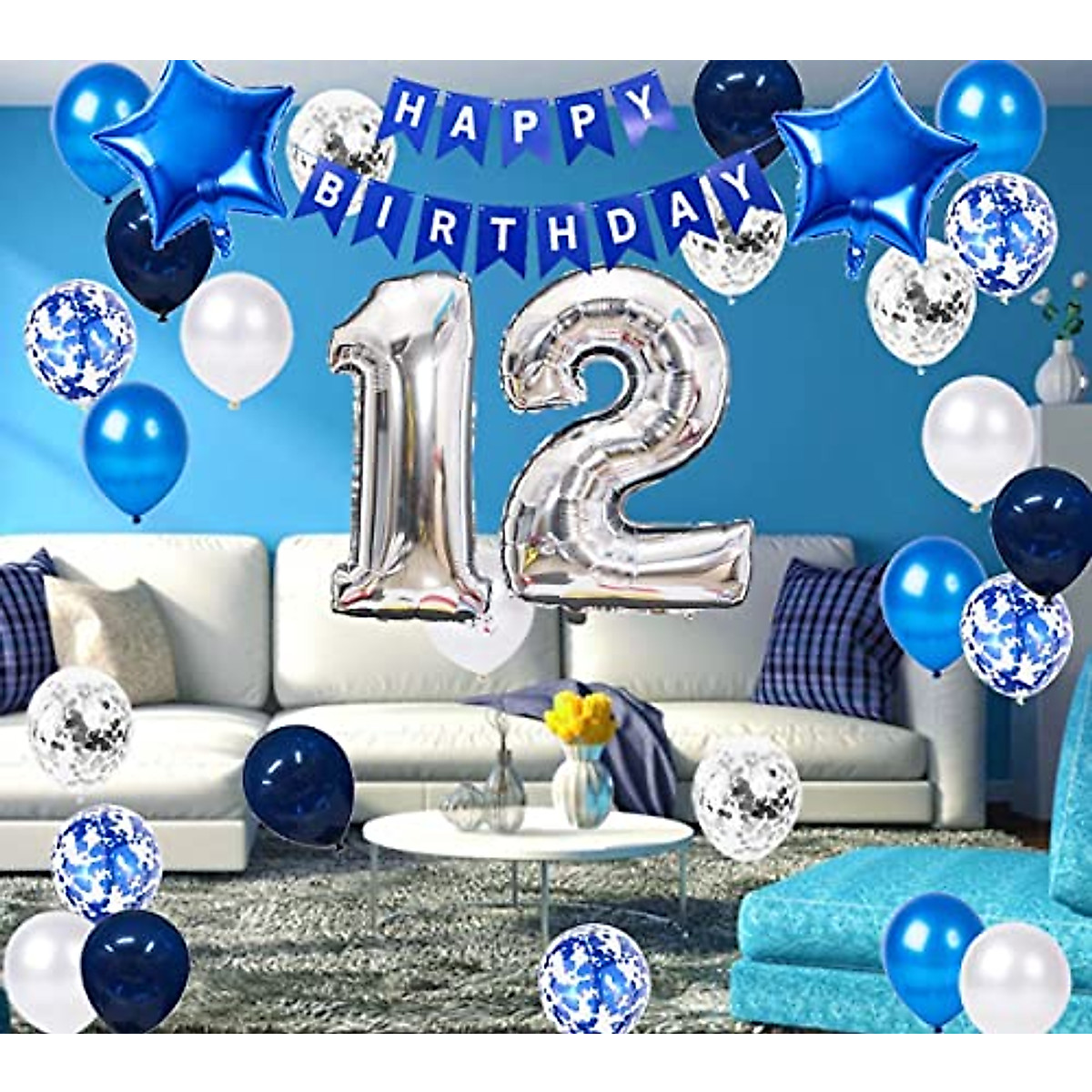 12th Birthday Party Decoration for Boys, Happy Birthday Banner Blue Number 12 Birthday Balloons 12th Birthday Latex Confetti Balloon for Boys Him Son 12 Years Old Birthday Decoration Supplies(12th)