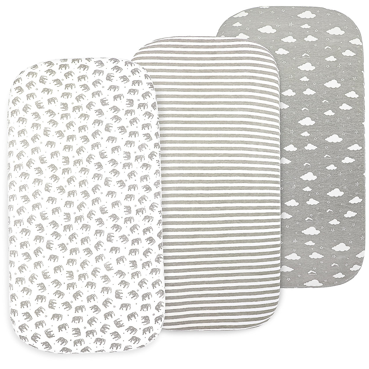 Baby Bassinet Sheet Set for Boy and Girl, 3 Pack, Universal Fitted for Oval, Hourglass & Rectangle Bassinet Mattress, Fitted Sheets Size 32 x 16 x 4 Inches, Grey
