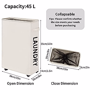 Chrislley 45L Slim Laundry Hamper with Wheels Narrow Rolling Laundry Basket Foldable Dirty Clothes Portable Skinny Hamper Organizer Storage Bins (23.2 inches, Beige 3)