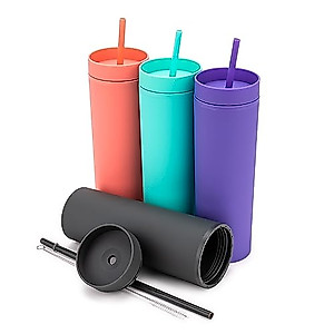Earth Drinkware SKINNY TUMBLERS (4 pack) - Matte Pastel Colored Acrylic Tumblers with Lids and Straws | 16oz Double Wall Reusable Plastic Tumblers w Straw Cleaner INCLUDED | Blanks For Vinyl Projects