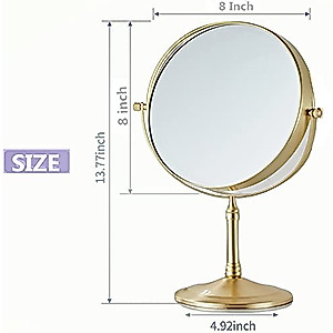 HIHIA Brushed Gold Makeup Mirror Tabletop, Double-Side 1X-10X, Freestanding 360 Swivel Cosmetic Vanity Mirror for Table Desk, Made of Copper， No Light Brushed Gold (8 Inch, 10X)