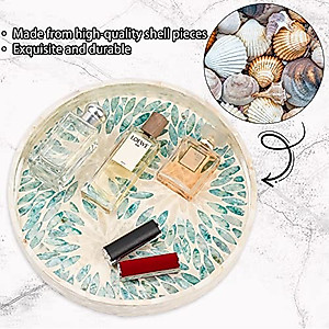 Round Serving Tray Shell Coffee Table Tray with Handles Elegant Decorative Tray for Food,Breakfast,Dinner,Ottoman,Parties,Restaurants and Bathroom, Blue, 11.8'