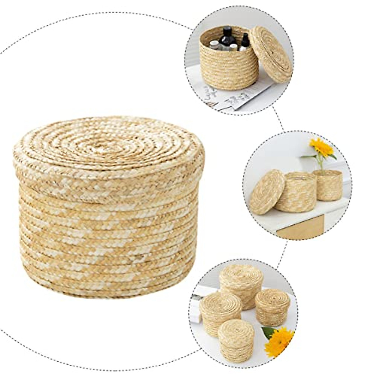 Cabilock 1PC Mini Straw Woven Storage bin Storage Basket Wheat- Straw Basket Hand Woven Storage