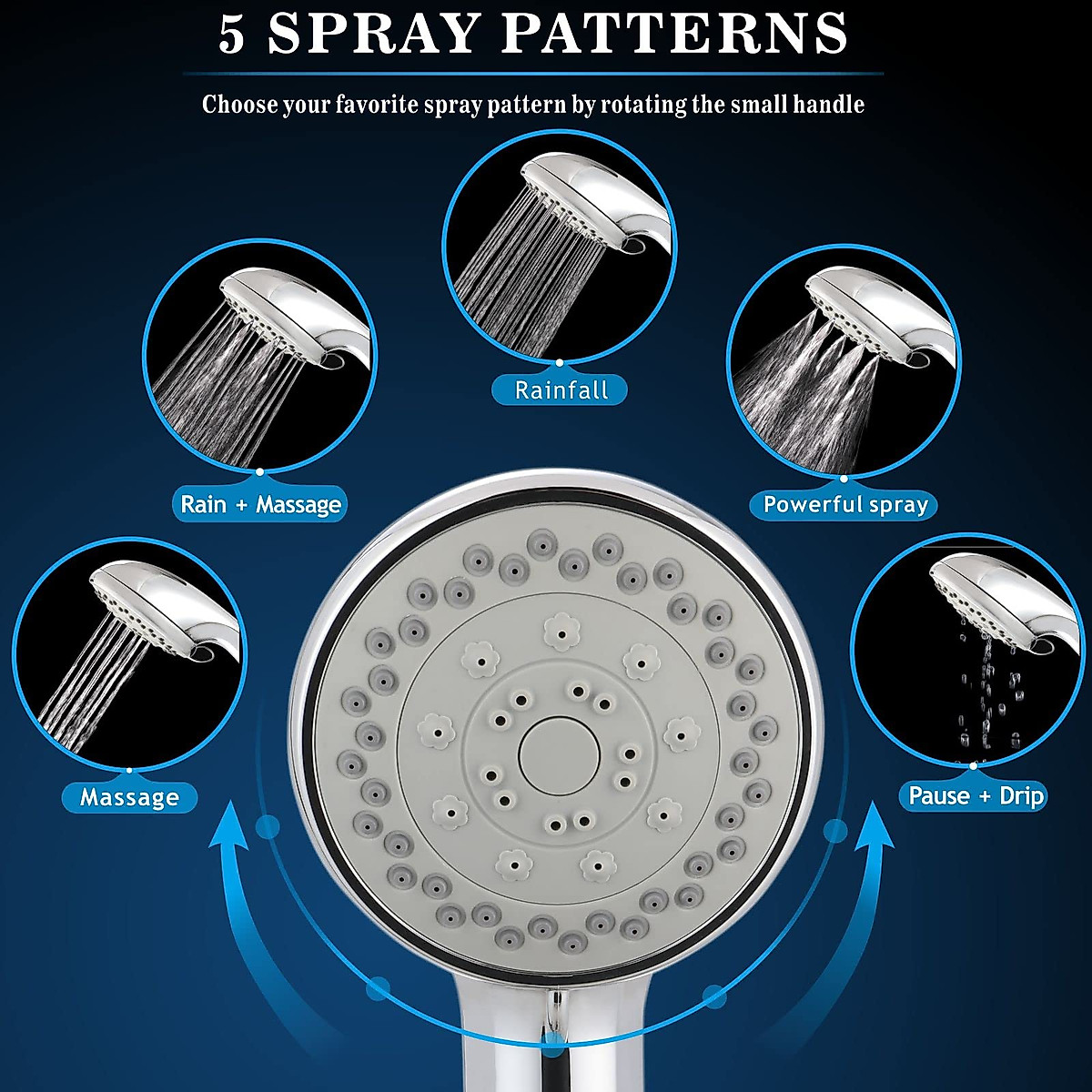 Nuodan Dual Shower Head, 10'' High Pressure Rain Shower Head / 5 Spray Handheld Showerhead Combo with 14'' Adjustable Shower Extension Arm, Hose and Adhesive Shower Holder (Chrome)