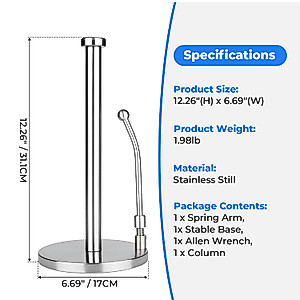 Paper Towel Holder Stand Stainless Steel Easy Tear Paper Towel Holder with Adjustable Spring Arm for Kitchen Bathroom