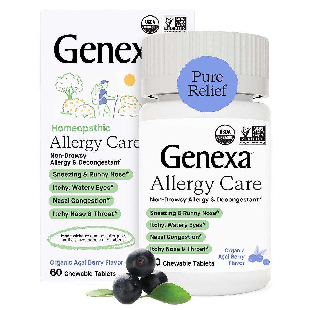 Genexa Allergy Care for Adults | Non-Drowsy, Allergy & Decongestant Relief | Delicious Organic Acai Berry Flavor | Homeopathic Remedy Made Clean | 60 Chewable Tablets