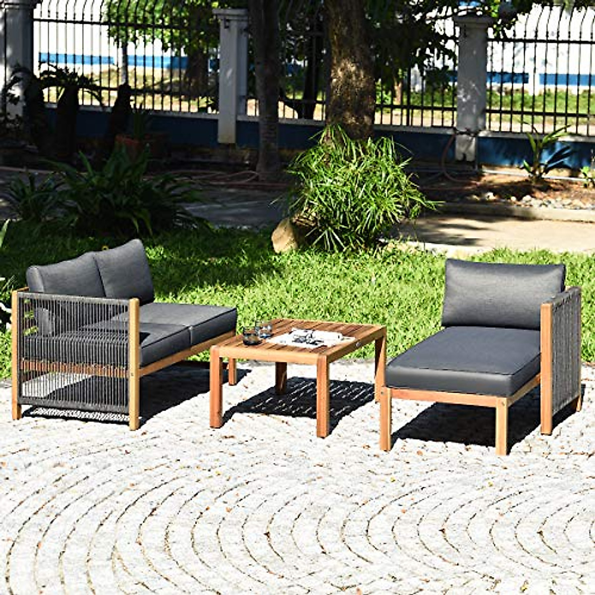 Giantex 3 Piece Outdoor Patio Furniture Set, Acacia Wood Sectional Sofa w/Seat Cushions, Wooden Conversation Seat Couches and Coffee Table, Cushioned Garden Sofa Set for Outdoor Indoor (Grey)