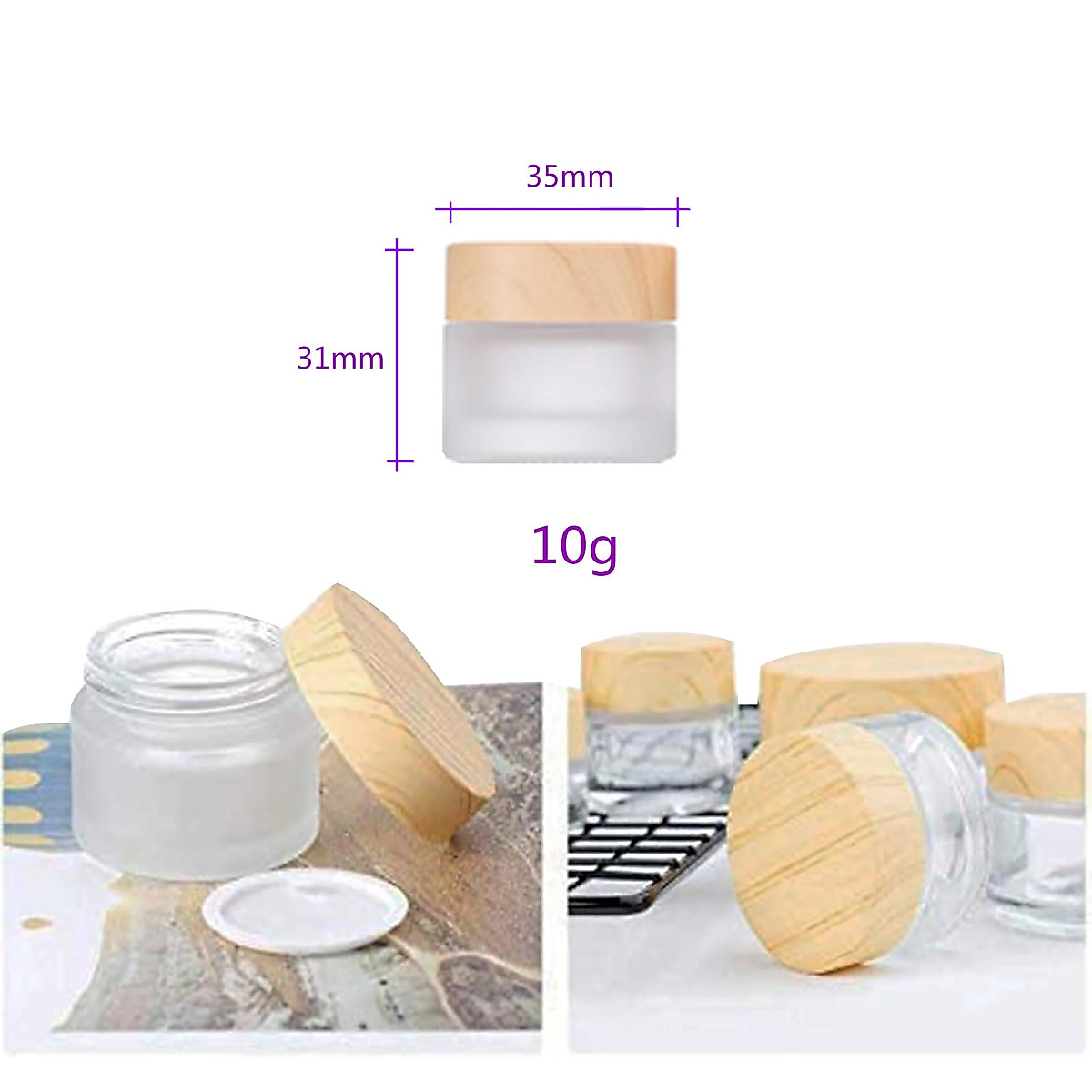 Healthcom 10 Pack 10 Grams/10 ML Empty Jars Round Frosted Glass Cosmetic Cream Jar Bottle with Wood Grain Lid Cosmetic Containers Refillable Glass Face Cream Box Pot for Makeup Lip Balms Eyeshadow