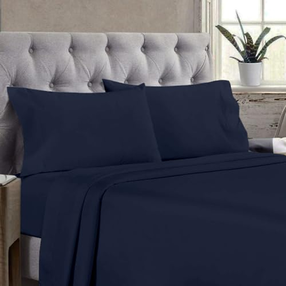 Saaz Linen 1000 Thread Count Full Size Sheet Set - 100% Egyptian Cotton Hotel Luxury Collection Bedding Sheets - Fits Upto 16 Inch Deep Pocket - Sateen Weave Solid 4 Piece Sheets Set (Navy Blue)