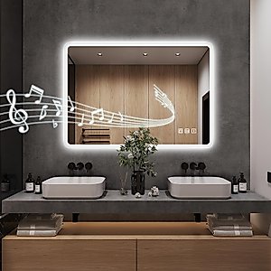 S'bagno 32"x24" LED-Lighted-Bathroom-Mirror, Wall-Mounted-Dimmable-Vanity-Mirror, Bluetooth Speaker Anti-Fog Waterproof Smart Touch Button 3 Colors Bathroom-Lighted-Mirror, Vertical/Horizontal