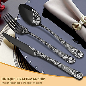 EUIRIO 36-Piece Black Silverware Set with Steak Knives, Black Flatware Set for 6, Stainless Steel Mirror Cutlery Set, Spoons Forks Knives Set with Unique Floral Laser, Eating Utensils, Dishwasher Safe