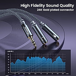 KOOPAO Headphone Splitter, Dual Port 3.5mm Audio Splitter AUX Cable Nylon-Braided 3.5mm Male to 2 Female Y Splitter Cable Dual Headphone Jack Splitter for 3.5mm Standard Headphone Jack