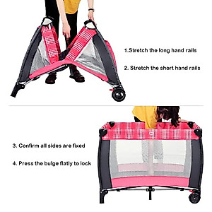 INFANS 3 in 1 Pack and Play with Bassinet, Mattress, Changing Table, Music Box, Toys, Storage Basket, Travel Bag, Portable Nursery Activity Center Play Yard for Baby Kid Infant (Pink)