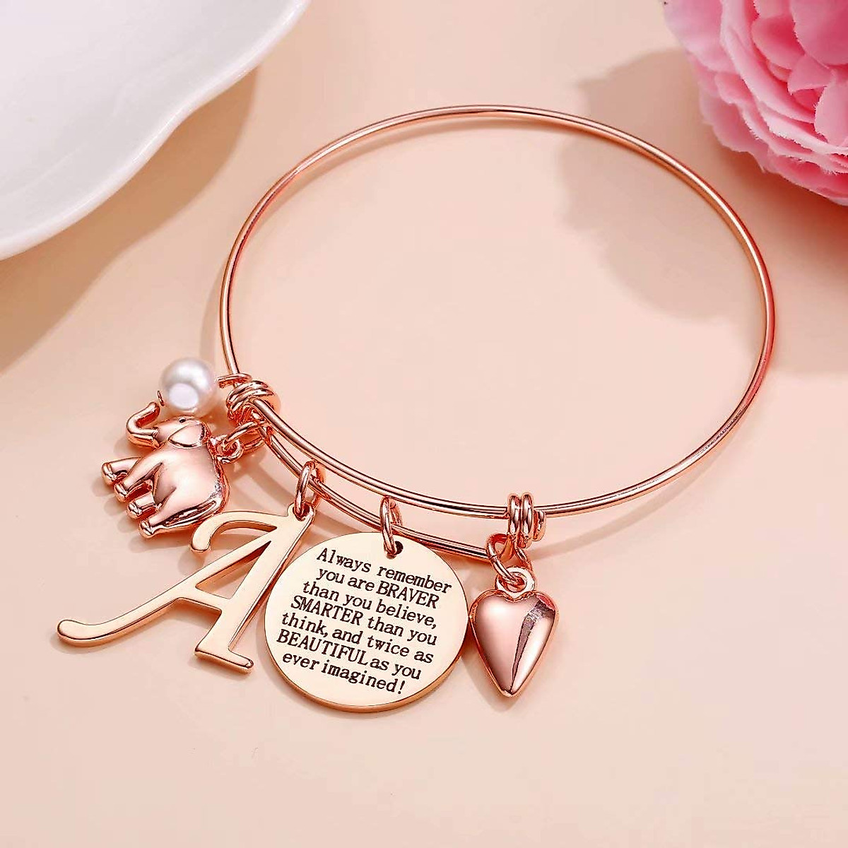 M MOOHAM Elephant Gifts for Women, Letter A Initial Elephant Bracelets for Women Elephant Jewelry, You are Braver than You Believe Inspirational Bracelet Thinking of You Gifts for Women Birthday